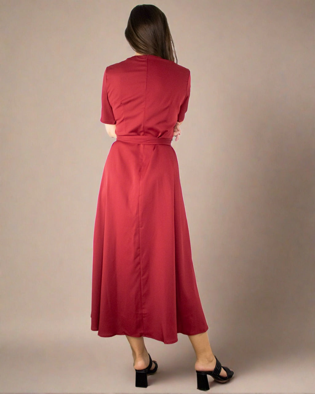 Red Short Sleeve Midi Dress with Wrap Belt | ADKN
